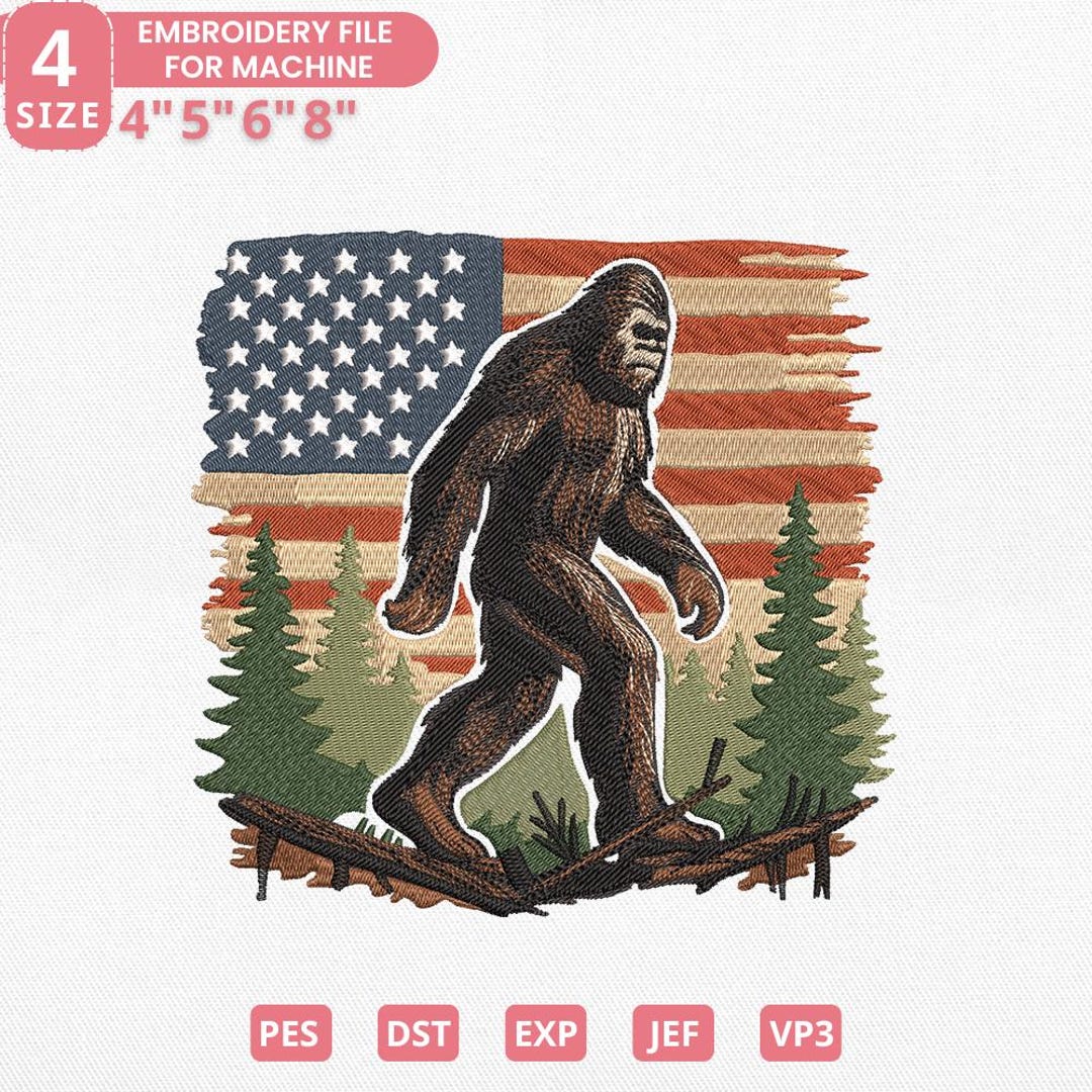 Patriotic Bigfoot Embroidery Design, American Flag Forest Sasquatch ...