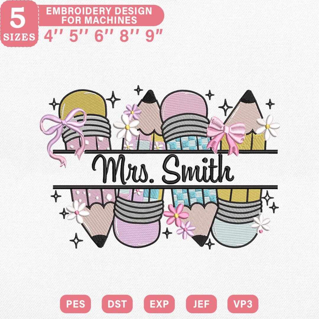 Teacher Split Embroidery Design, Pencil With Floral and Bow Embroidery ...