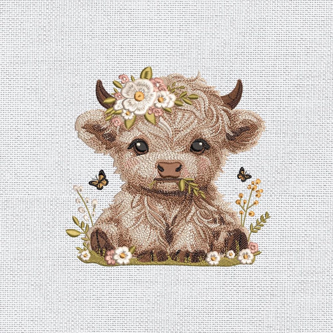 Baby Highland Cow Embroidery Design - Cute Calf With Butterfly ...