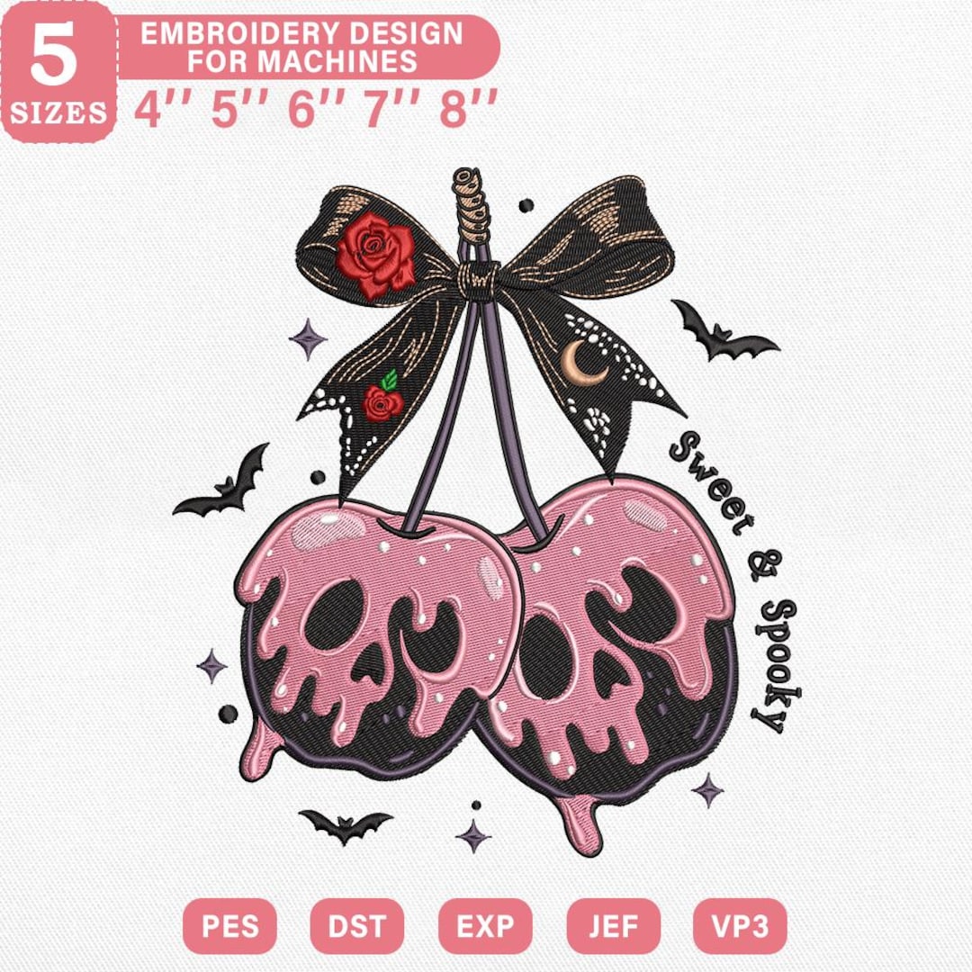 Sweet and Spooky Cherry Embroidery Design, Pink Dripping Skull Cherries ...
