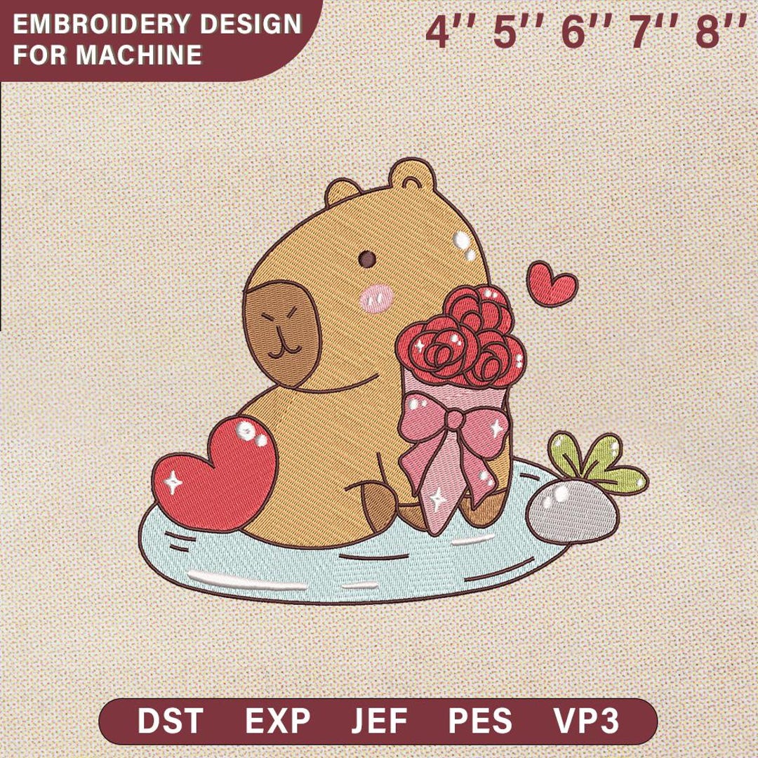 Capybara Holding Rose Bouquet Embroidery Design, Valentine Flower Gift ...
