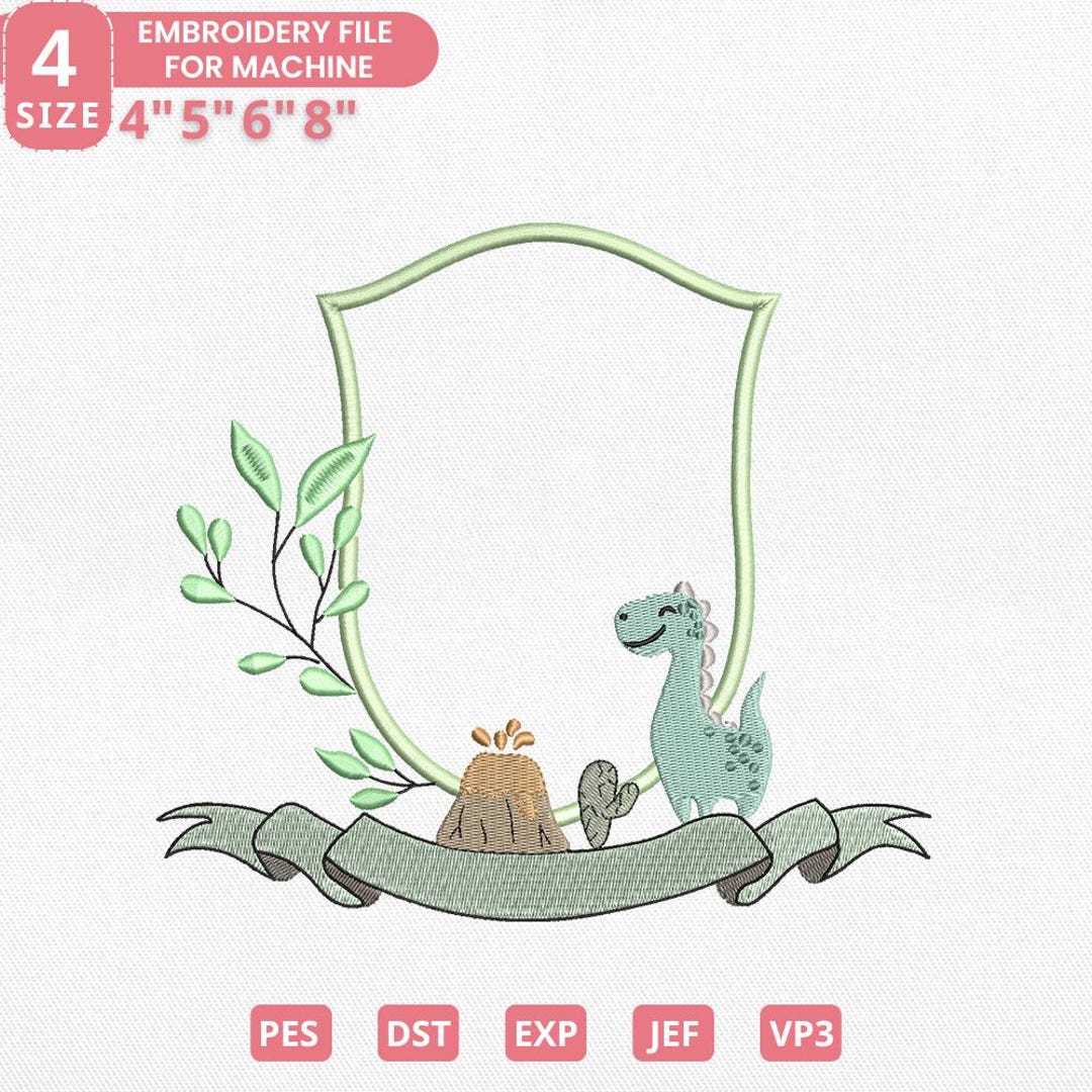 Cute Dinosaur Frame Embroidery Design, Cute Baby Dino With Leaves and ...