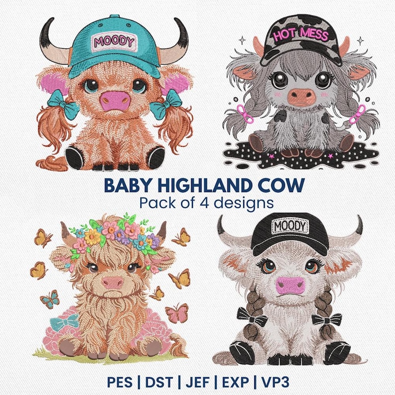 Baby Highland Cow Embroidery Design Bundle - Set of 4 Cute Cow Machine ...