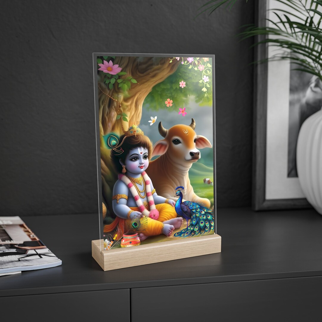 Little Krishna With Cow Acrylic Sign With Wooden Stand,radha Krishna ...