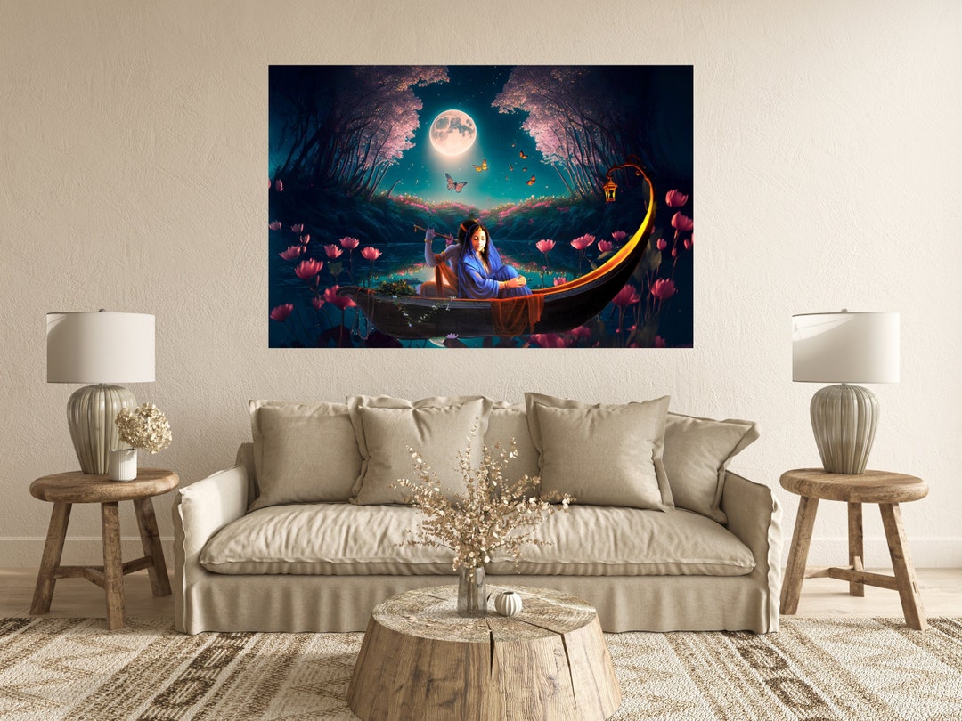 Radha Krishna in Boat Wall Décor,glass Wall Art, Krishna Artwork,hindu ...