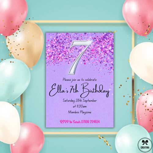 Girls 7th Birthday Invitation Template, Editable Glitter Birthday ...