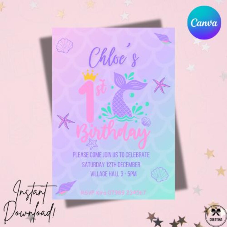 Editable Mermaid 1st Birthday Invitation: Under the Sea Party (digital ...