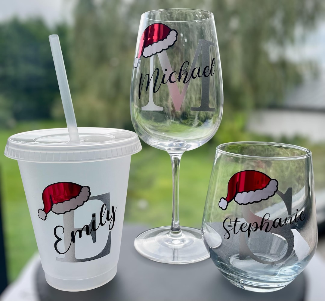 Personalised Initial Christmas Glass With Santa Hat: Custom Name Gift ...