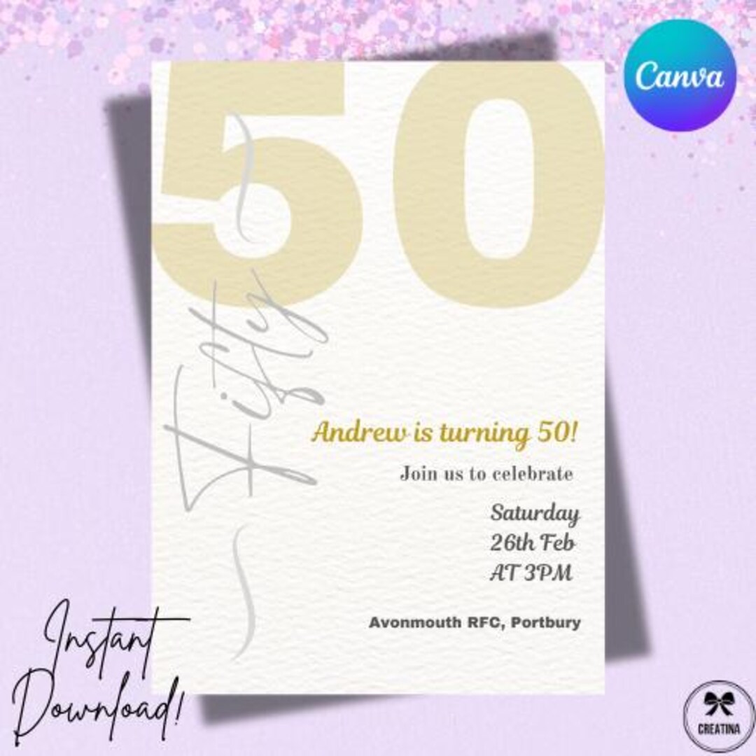 50th Birthday Invite, Digital Download, Modern & Elegant Customisable ...