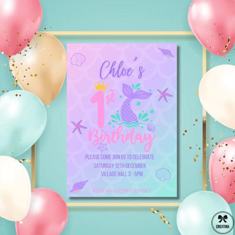 Editable Mermaid 1st Birthday Invitation: Under the Sea Party (digital ...
