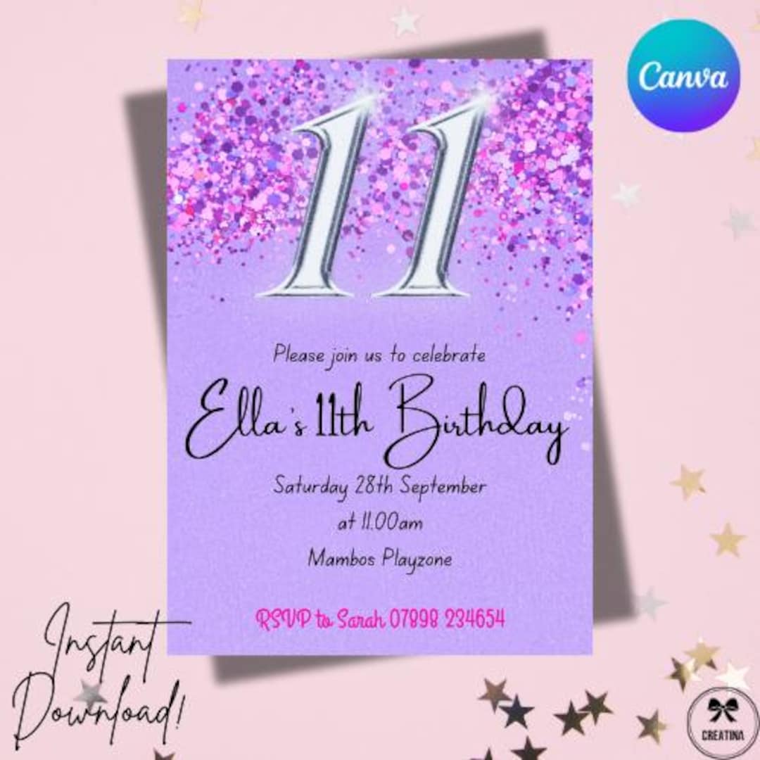 Girls 11th Birthday Invitation Template, Editable Glitter Birthday ...