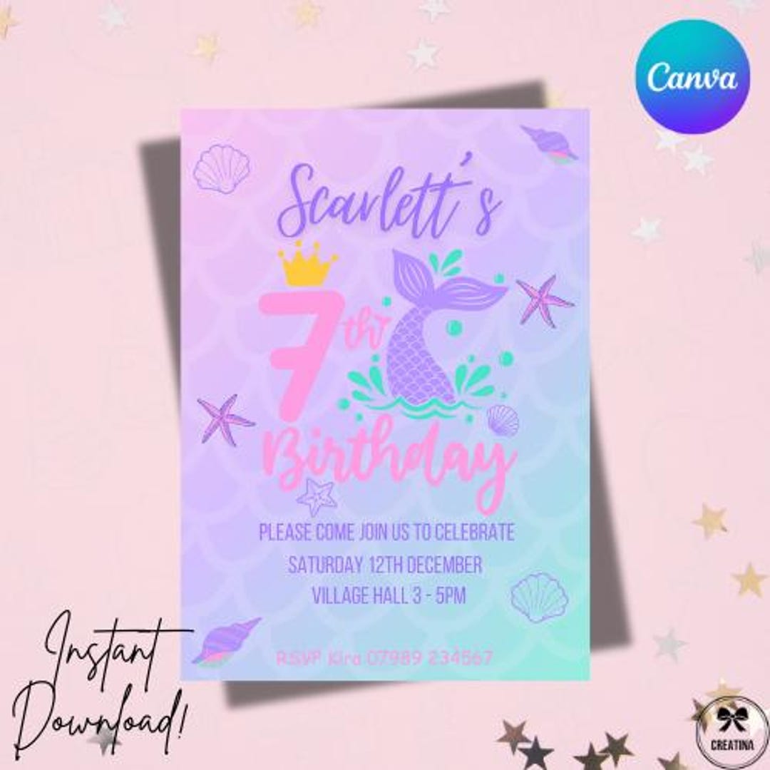 Editable Mermaid 7th Birthday Invitation: Under the Sea Party (digital ...