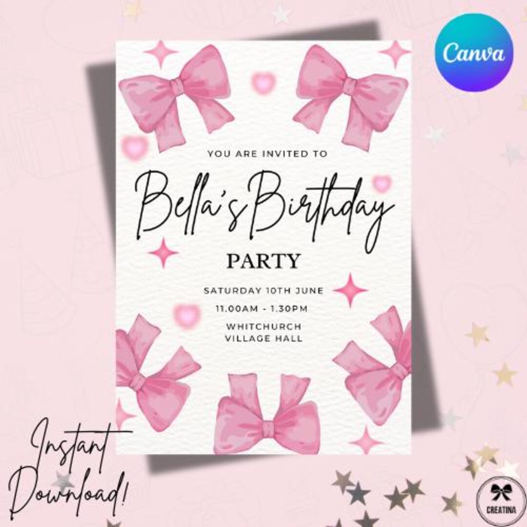 Pink Bow Birthday Party Invitation, Girls Party Invite, Bow Invitation ...