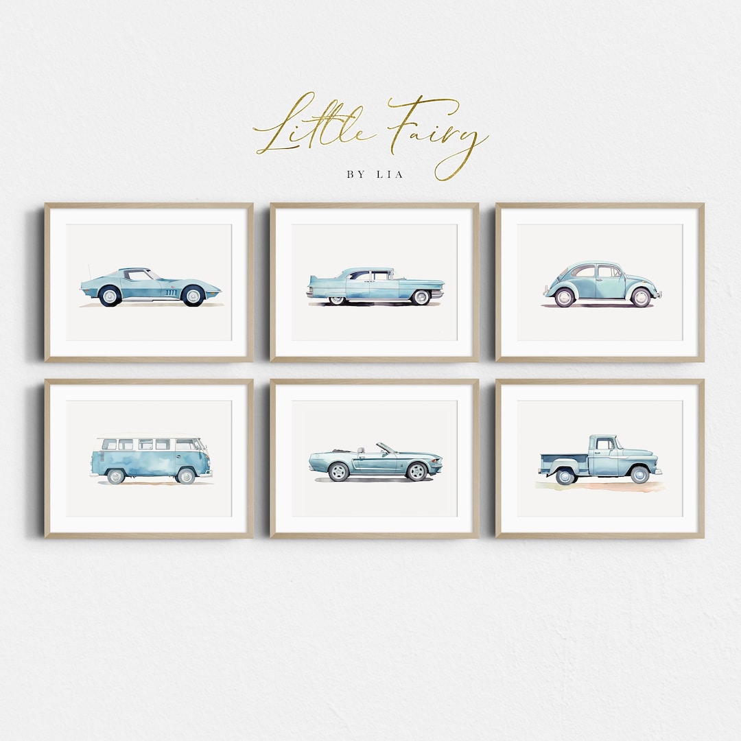Light Blue Classic Car Print Printable Bundle of 6 Vertical Car Poster ...