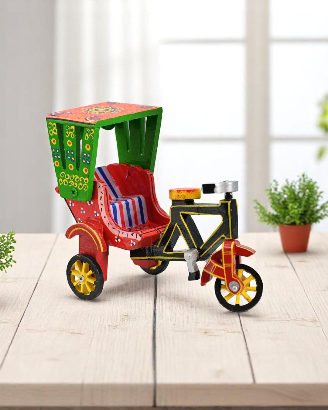 Handcrafted Wooden Decorative Rickshaw Model – Traditional Hand-painted ...