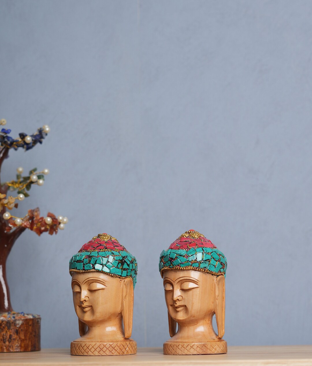 Set of 2 Handcrafted Wooden Buddha Head Statues Spiritual Serenity and ...
