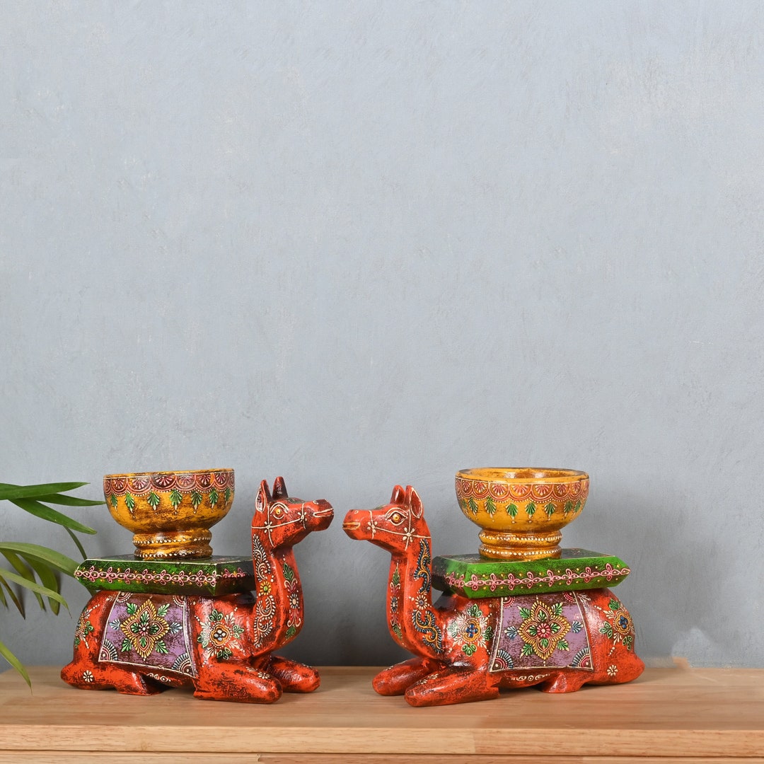 Handcrafted Wooden Camel Figurine Serving Platter Set: A Duo of ...