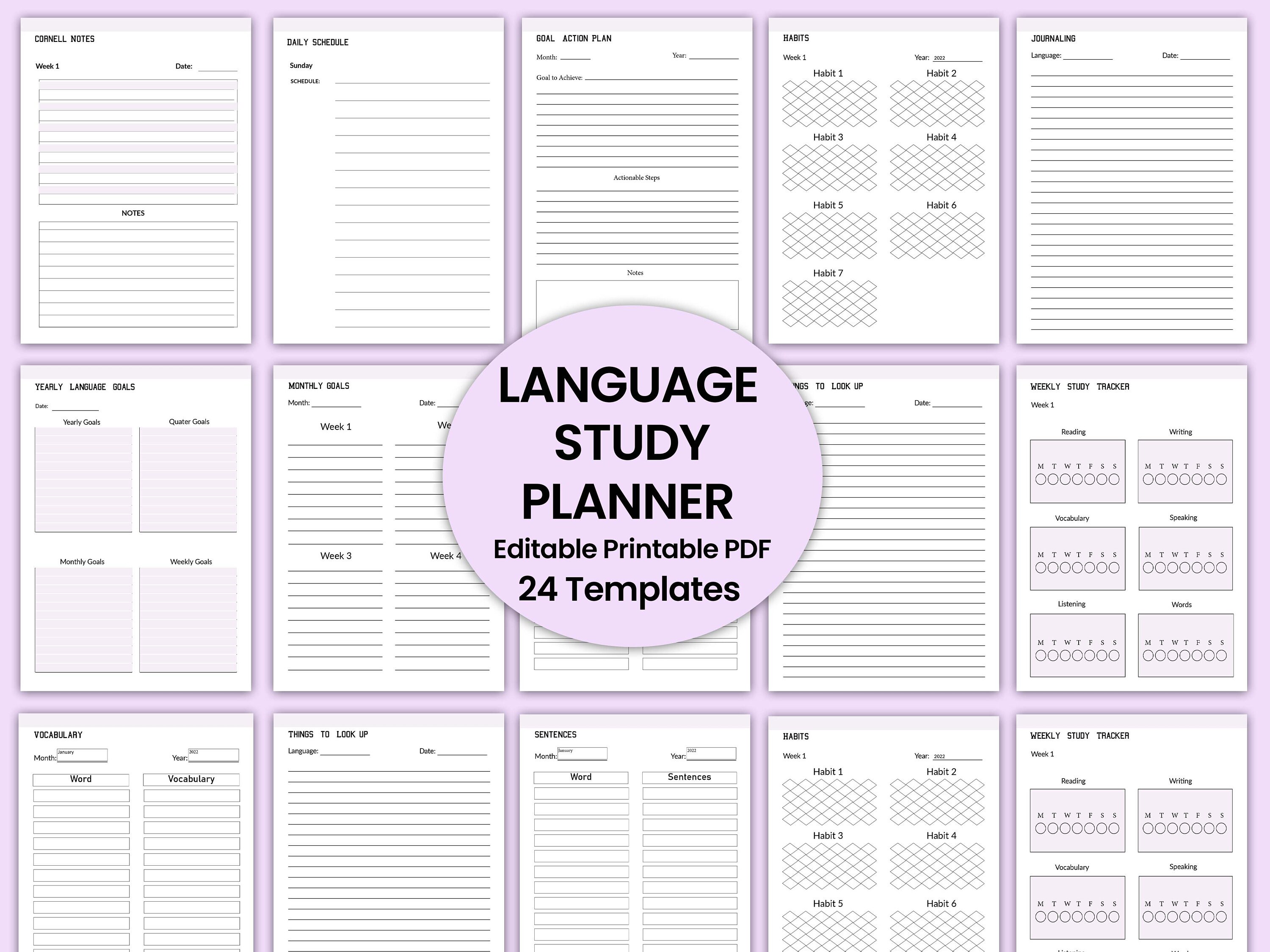 Language Study Planner, Study Planner, Language Study Journal, Language ...