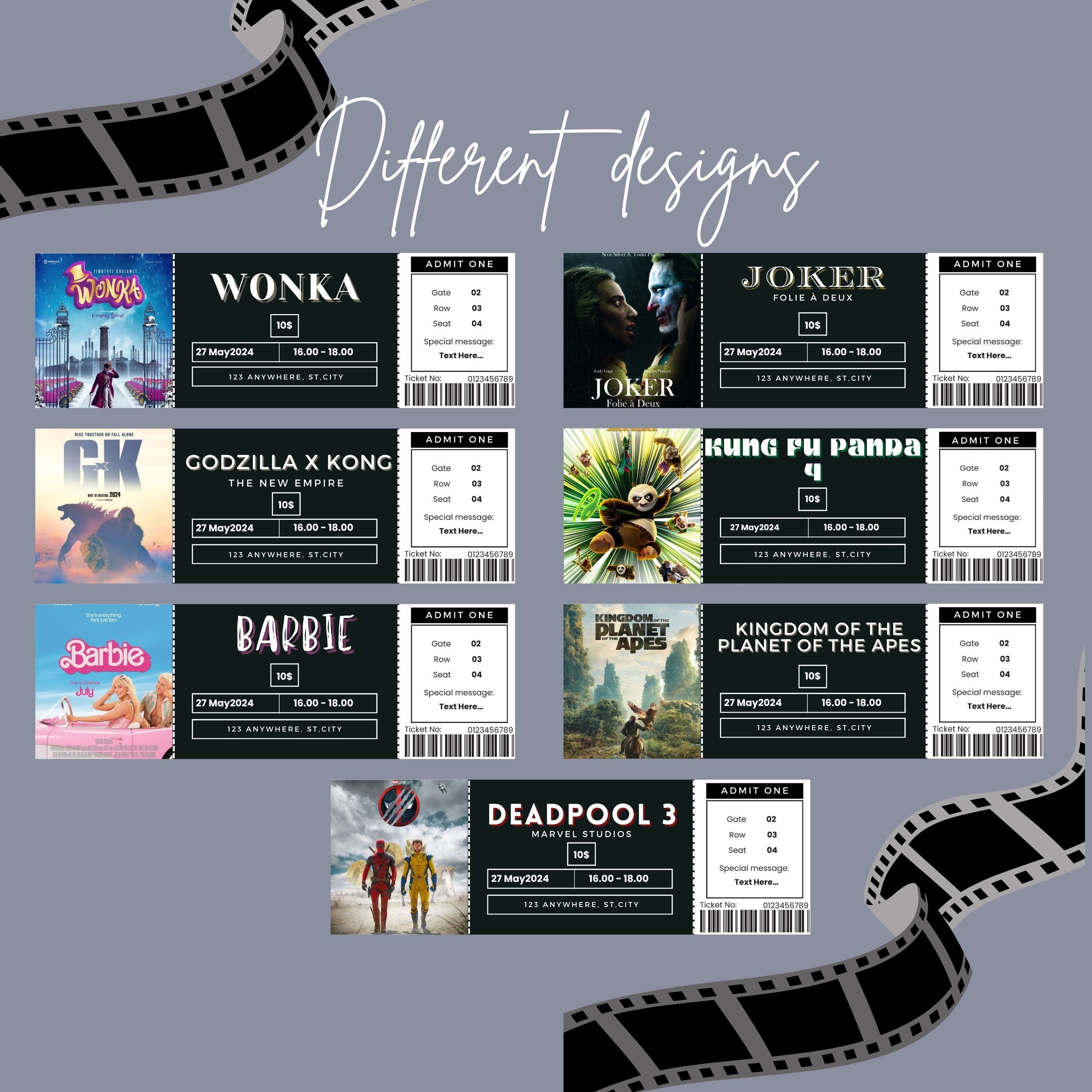 Movie Ticket Invitation, Movie Ticket Template, Movie Ticket Place Card ...