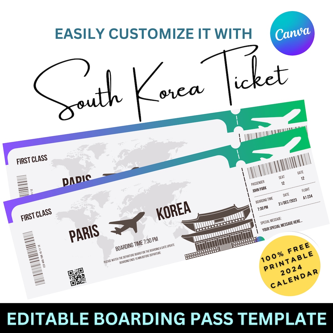 Fake Plane Ticket, Seoul, South Korea, Boarding Pass, Boarding Ticket ...