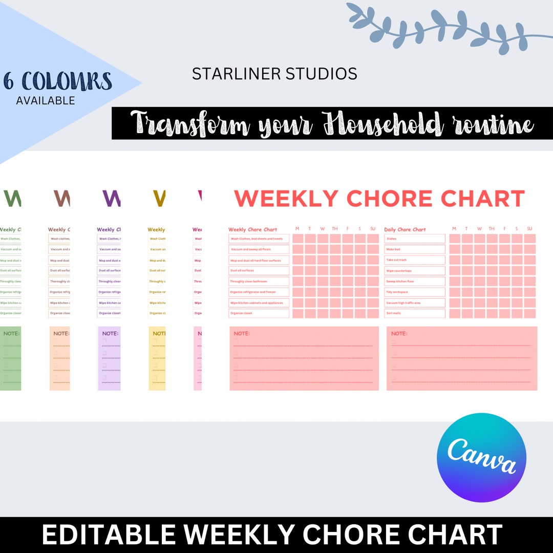 Weekly/daily Chore Chart Template, Cleaning List, Family Chore Chart ...