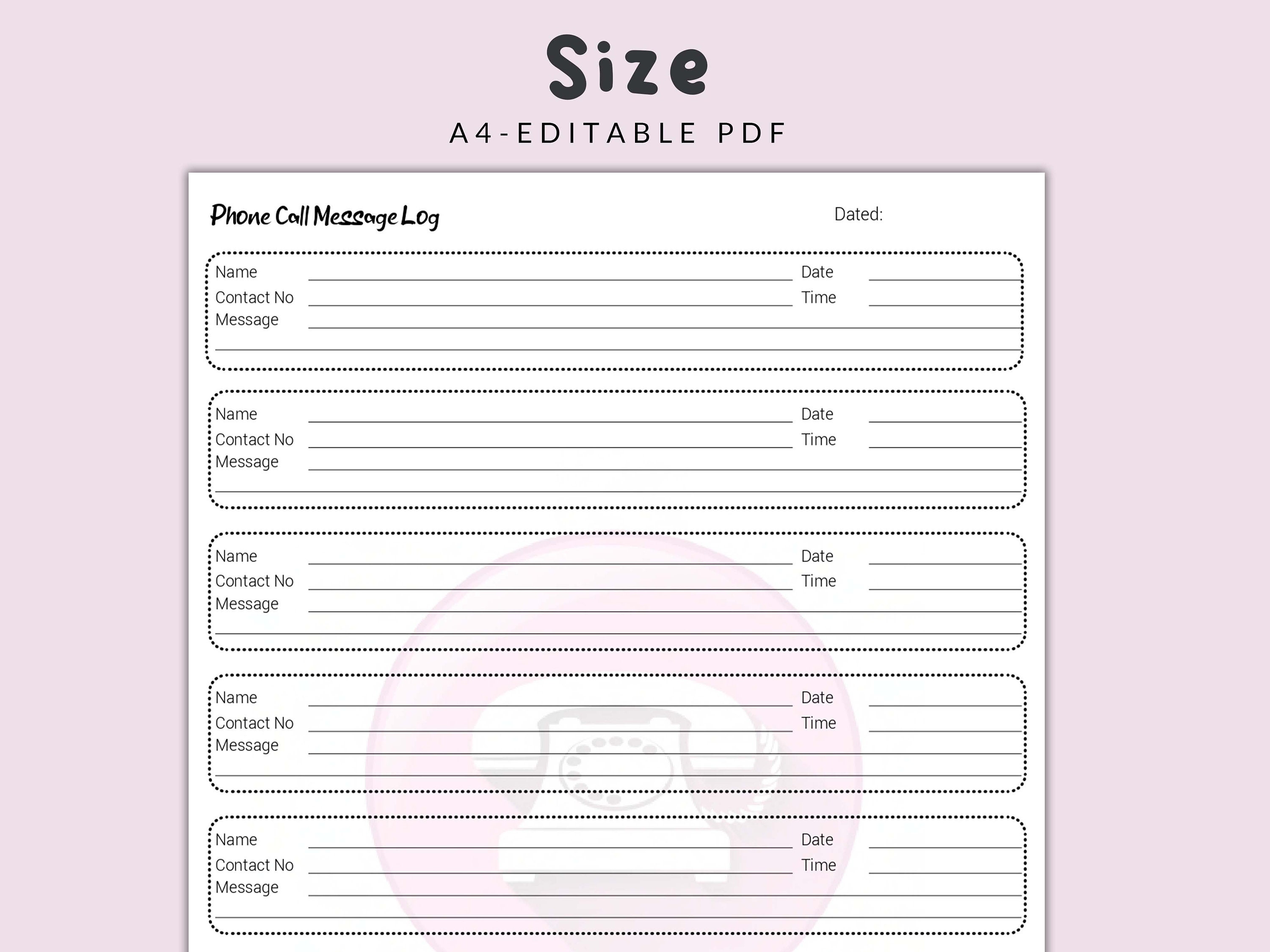 Phone Call Log, Phone Call Log Book, Phone Call Message Log ...