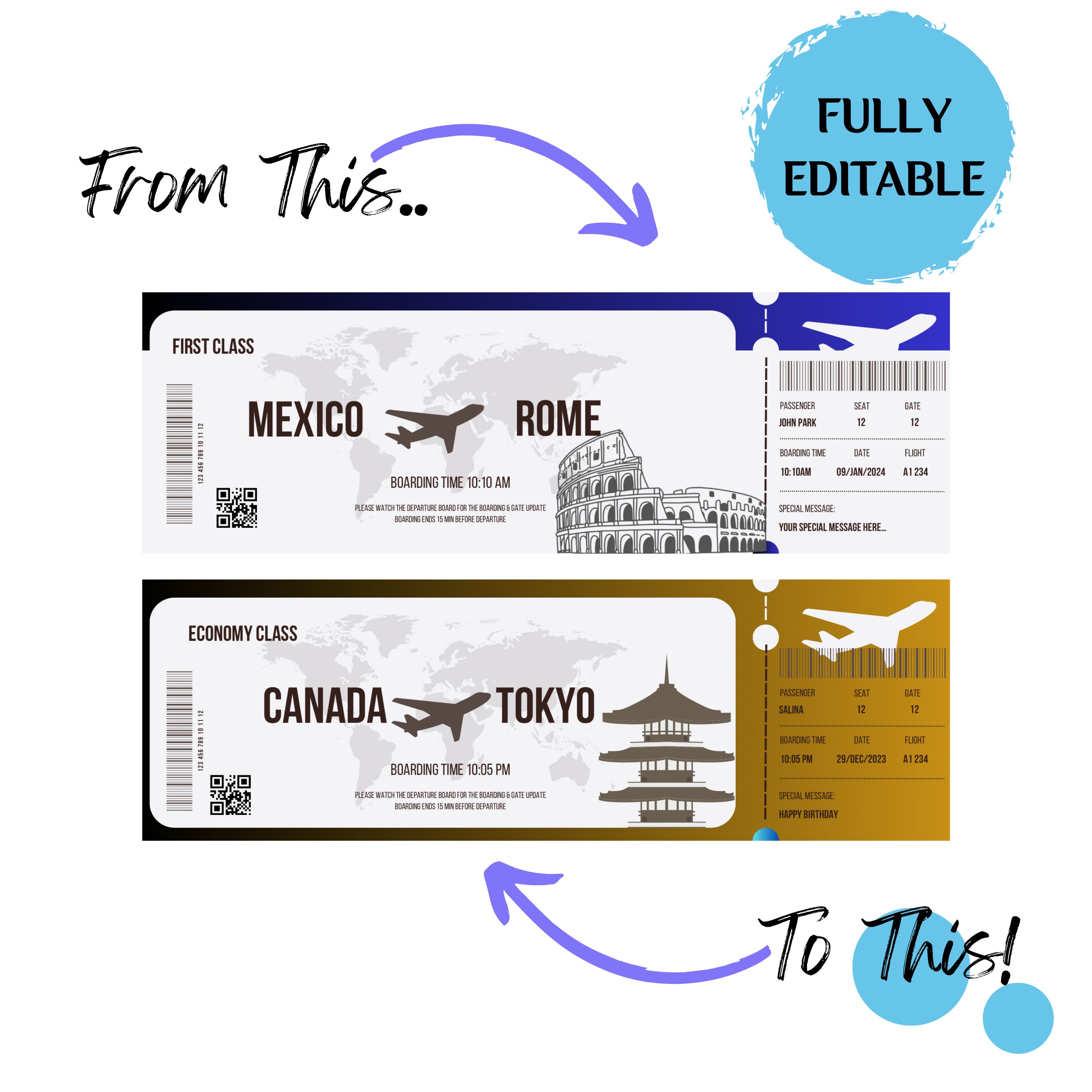 Rome Boarding Pass Ticket, Fake Plane Ticket, Airplane Ticket, Boarding ...