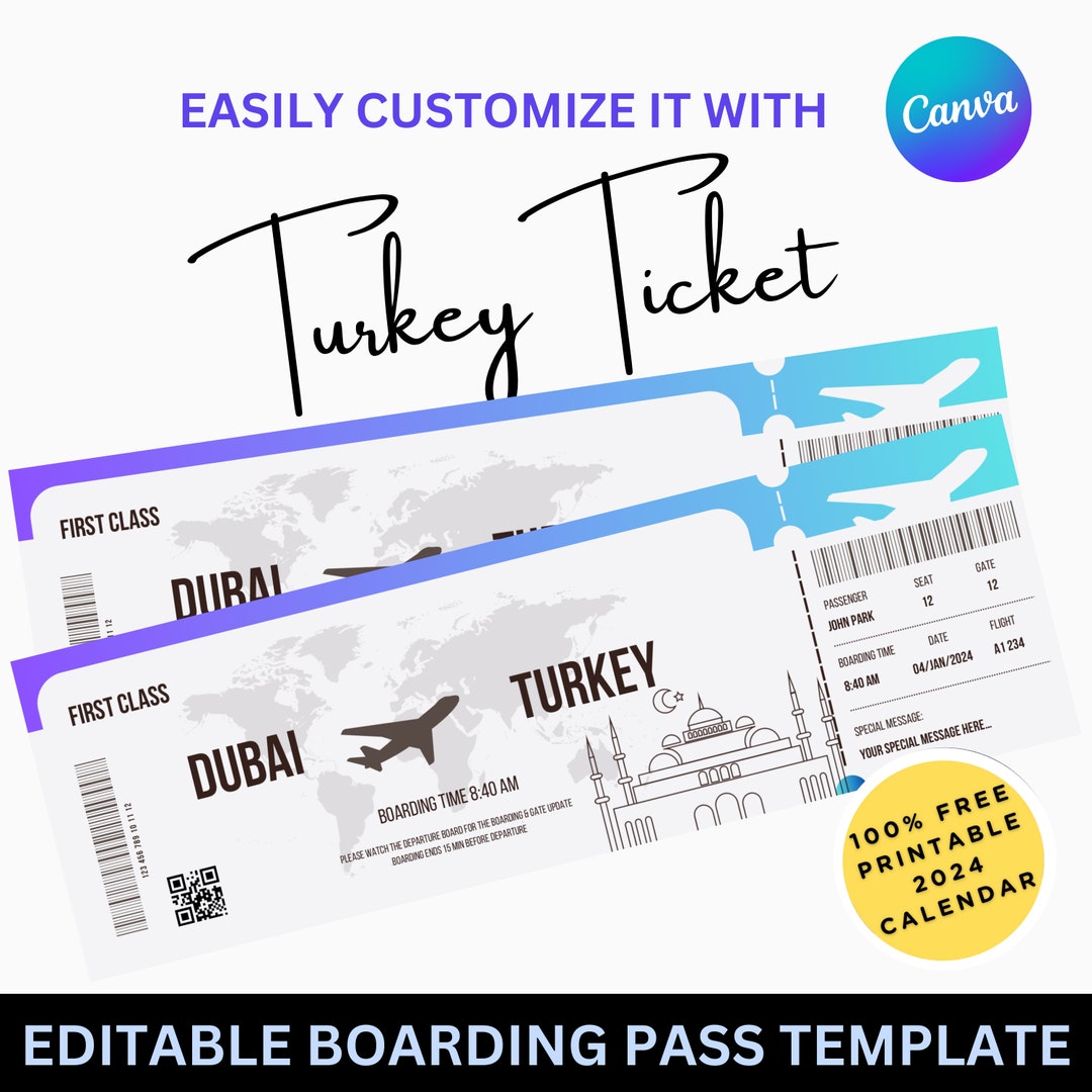 Turkey Boarding Pass Surprise Editable Flight Ticket Gift, Turkey ...