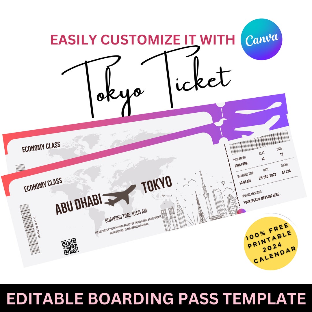Editable Tokyo Boarding Pass Template JAPAN Trip Plane Ticket Gift ...