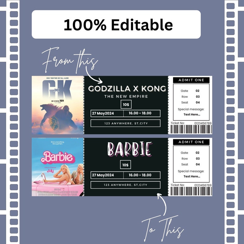 Movie Ticket Invitation, Movie Ticket Template, Movie Ticket Place Card ...