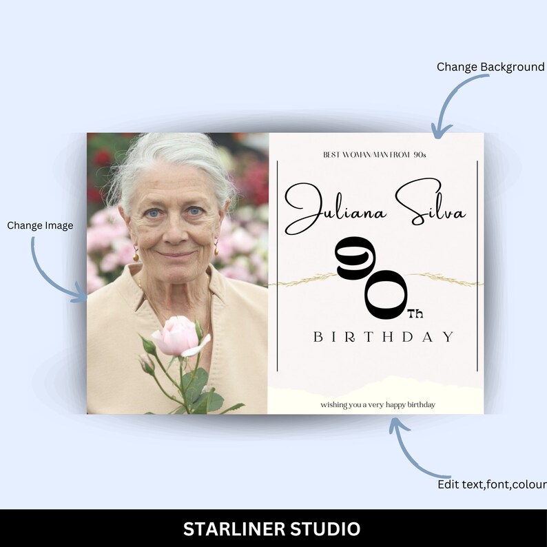 90th Birthday Card INSTANT DOWNLOAD, Ninetieth Birthday, Canva Editable ...