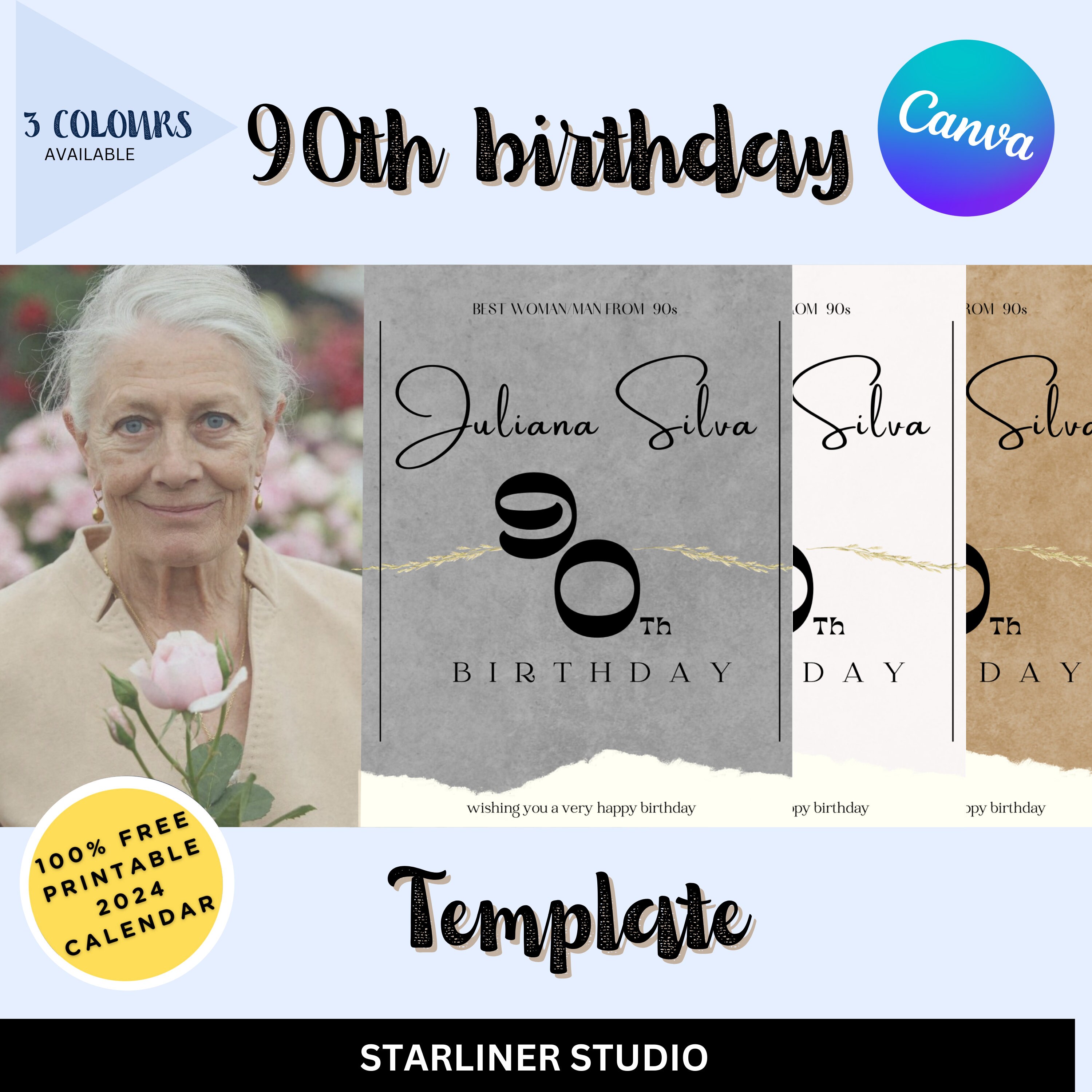 90th Birthday Card INSTANT DOWNLOAD, Ninetieth Birthday, Canva Editable ...