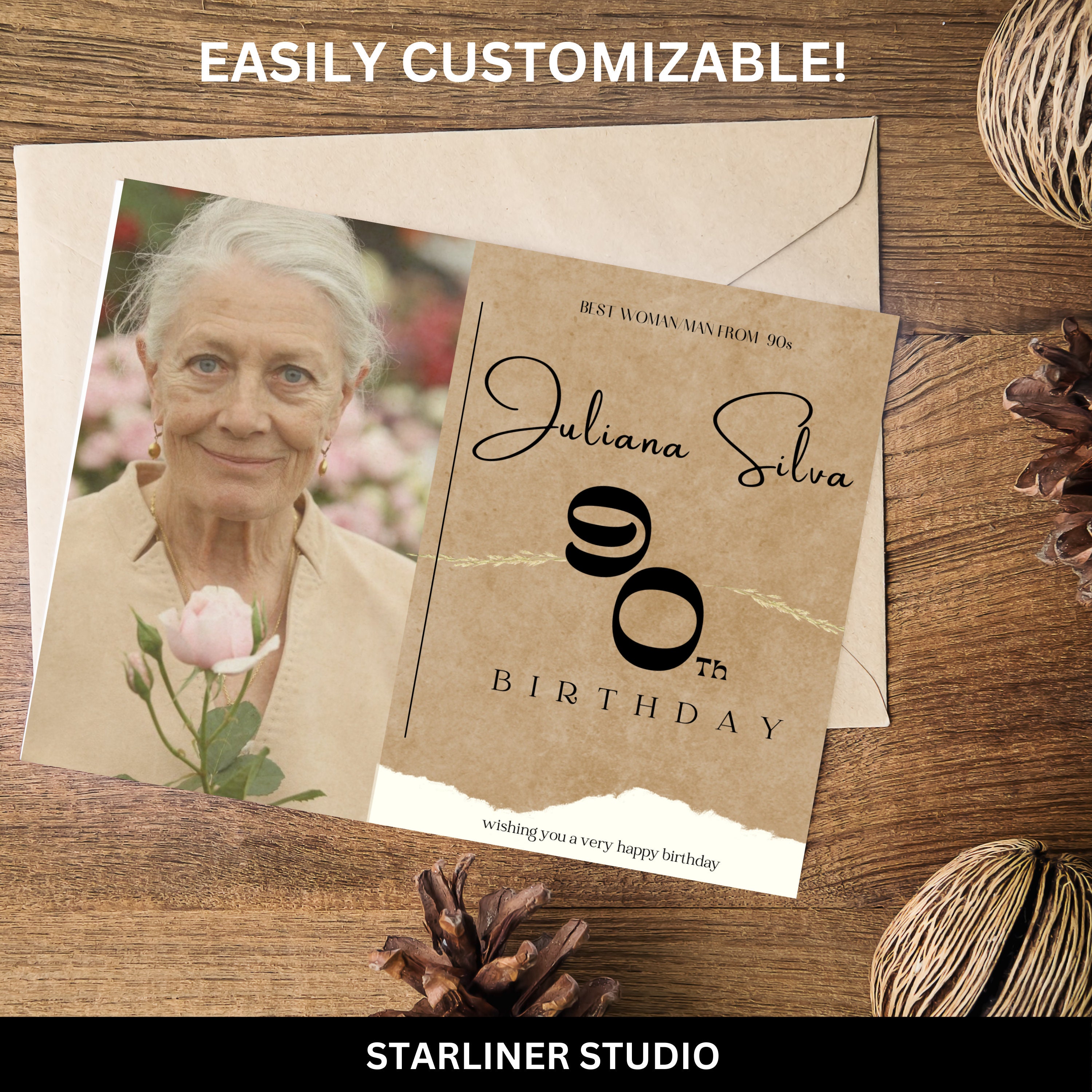 90th Birthday Card INSTANT DOWNLOAD, Ninetieth Birthday, Canva Editable ...