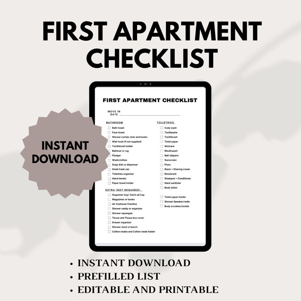 First Apartment Checklist, Printable Editable Canva Template, Moving ...