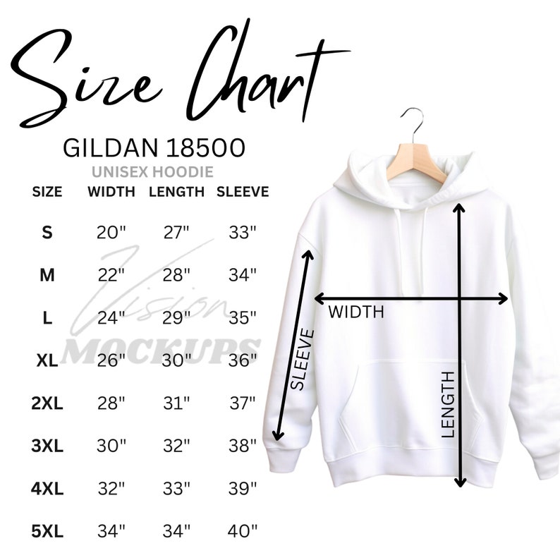 Gildan 18500 Size Chart Mockup S-5XL, Two Versions, 18500 Hoodie Mockup ...