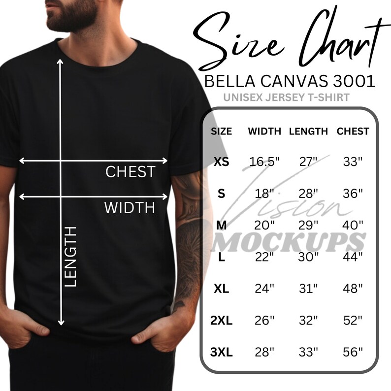 Bella Canvas 3001 Size Chart, Two Versions S-5XL, Size Chart, 3001 Unisex Jersey T-shirt Chart ...