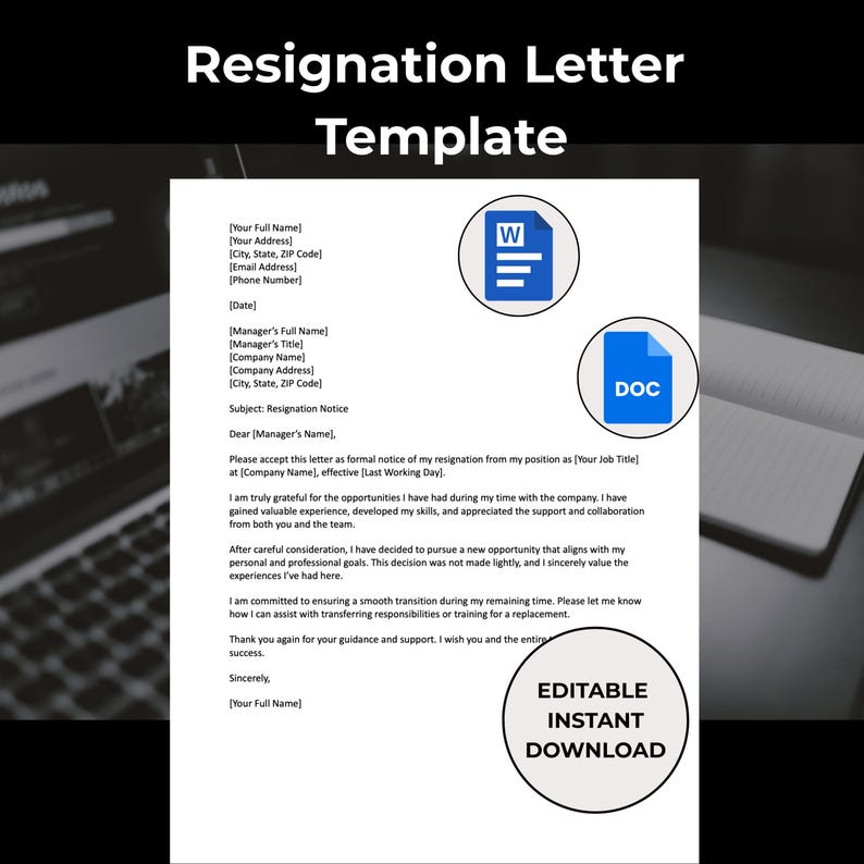 Editable Resignation Letter Template, Editable Word and Google Docs ...