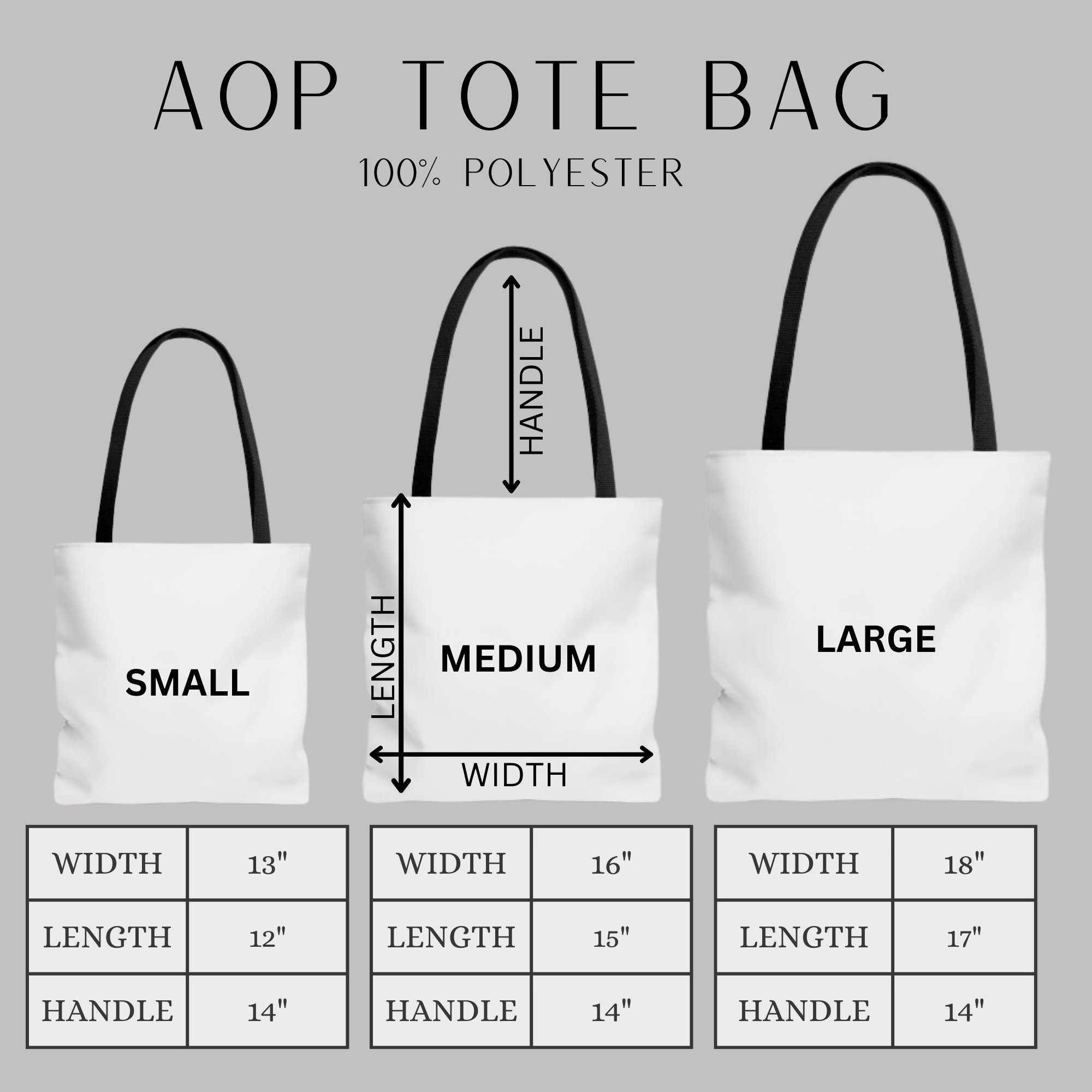AOP Tote Bag Size Chart Mockup, All Over Print Bags Mockup, Tote Bag Mockup, Tote Bag Sizing ...
