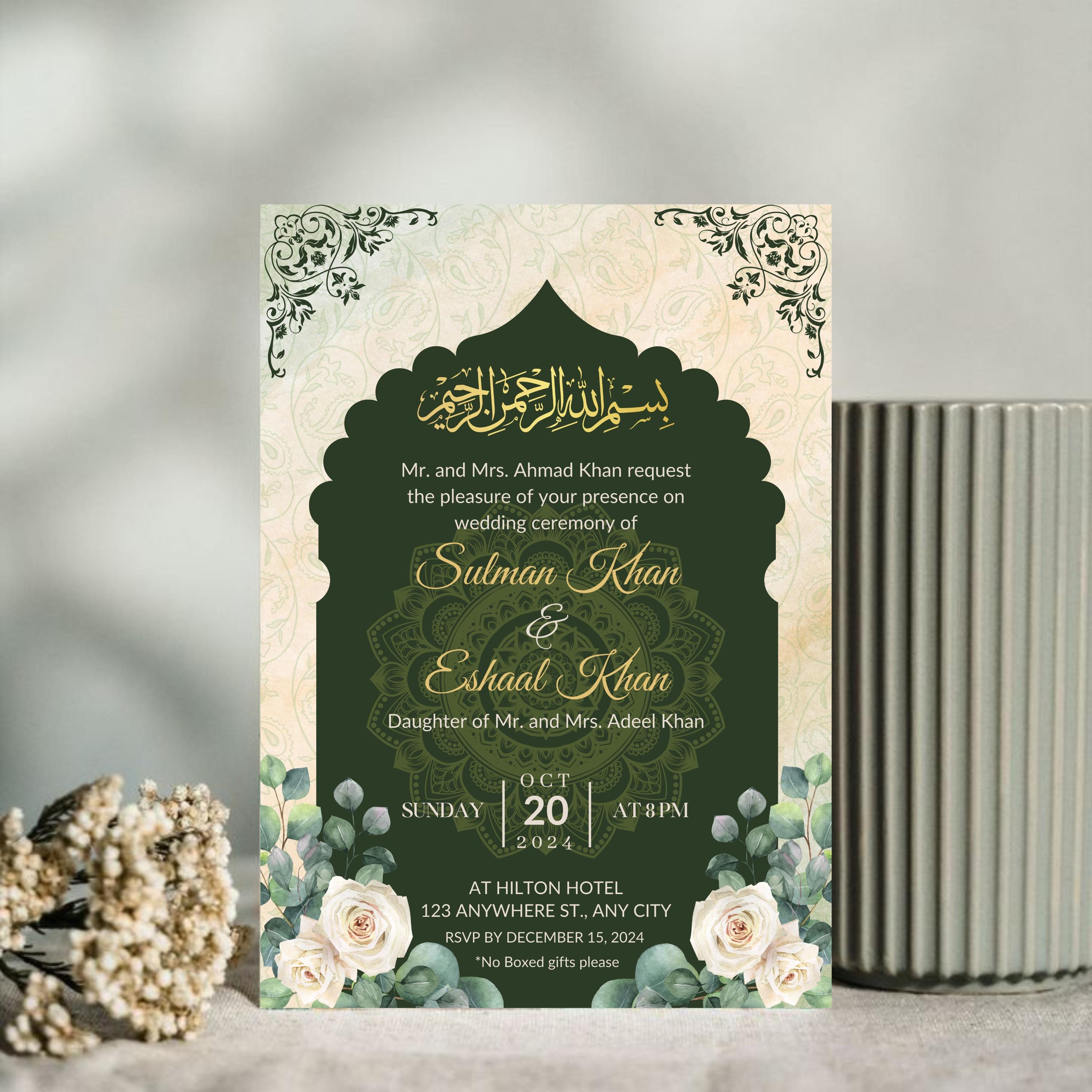 Royal Green Gold Islamic Wedding Invitation, Nikkah Template (instant ...