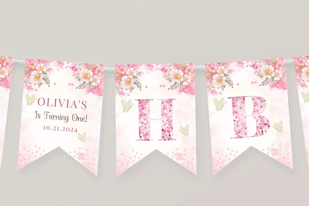 Custom 1st Birthday Banner Template Pink Floral & Butterfly Theme ...