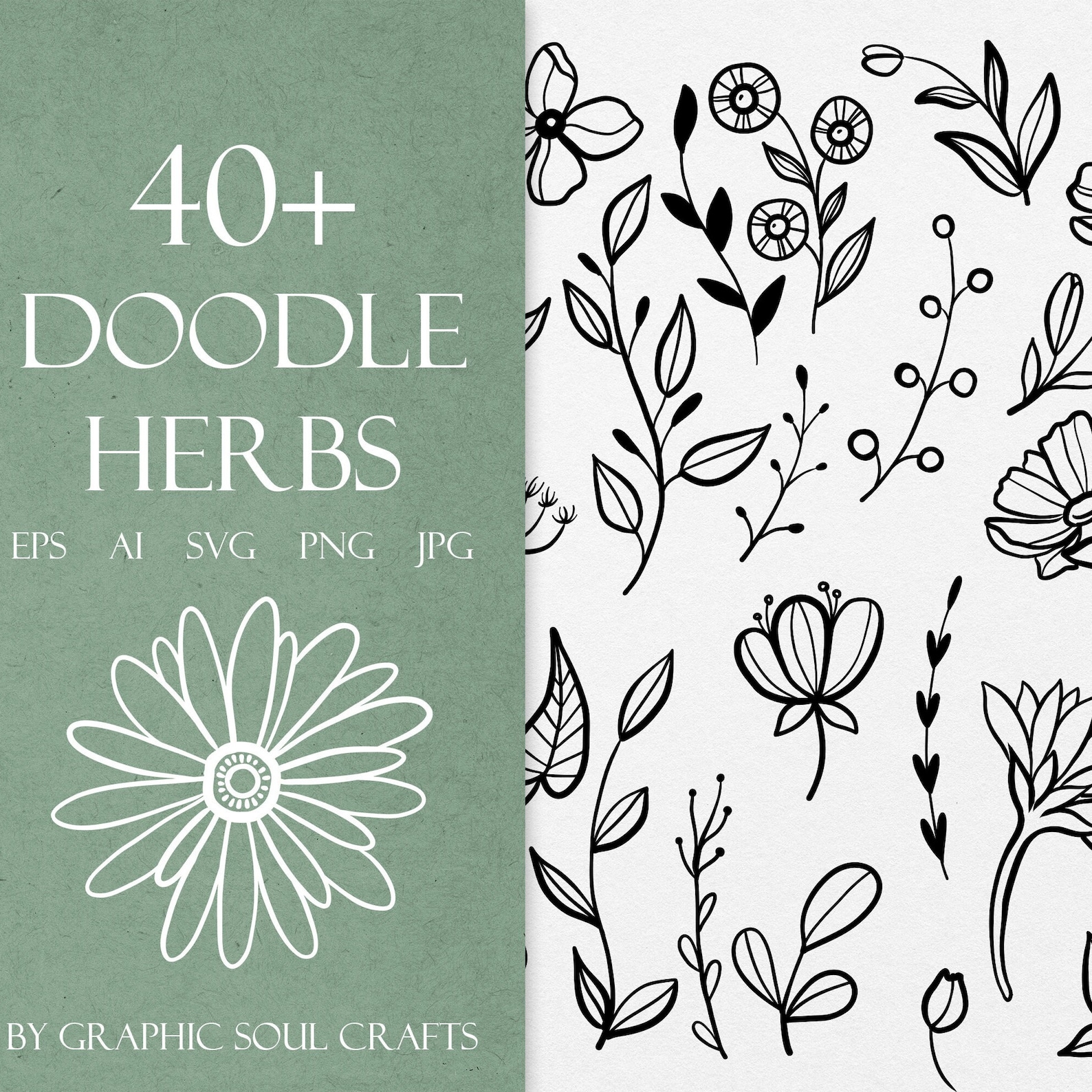 Doodle Herbs Svg, Wildflowers Svg, Flowers Svg Clipart, Doodle Flowers ...