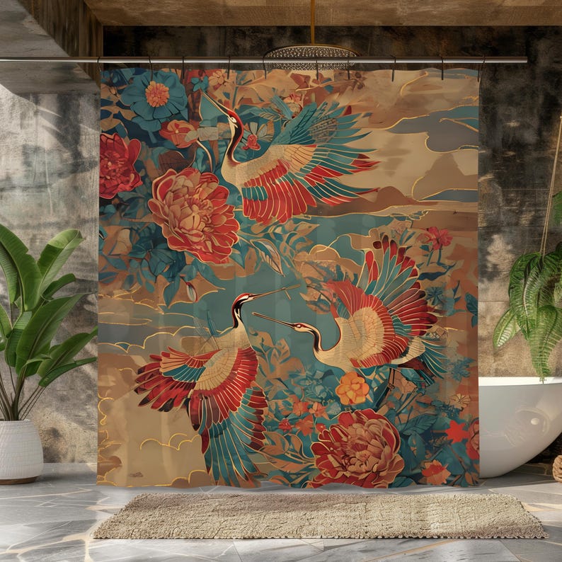 Vintage Japanese Crane Shower Curtain, Retro Art Decor, Nostalgic Asian ...
