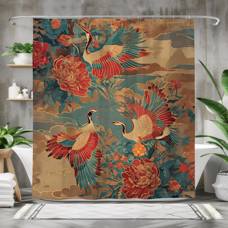 Vintage Japanese Crane Shower Curtain, Retro Art Decor, Nostalgic Asian ...