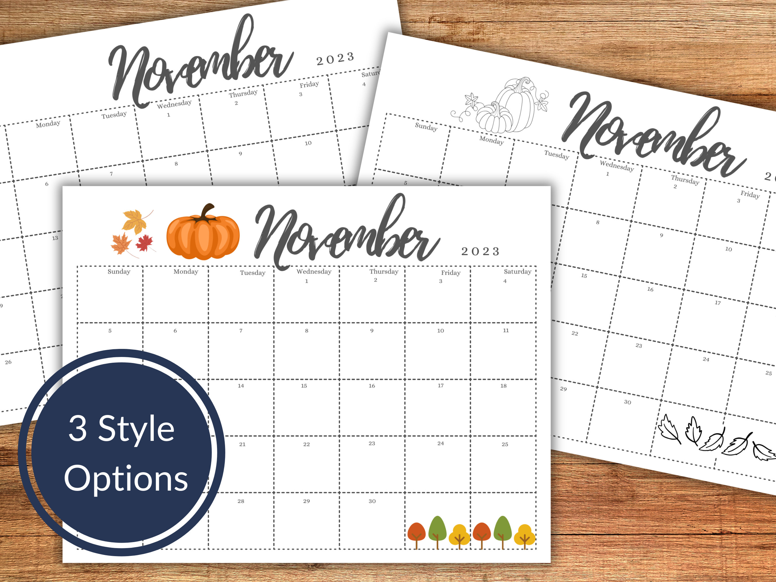 Printable November 2023 Monthly Calendar - Digital Download PDF - 3 ...