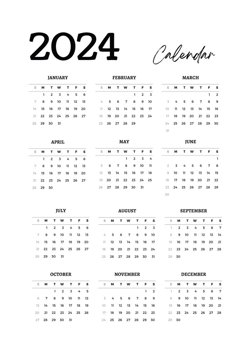 Printable Simple Minimalist 2024 Calendar Planner - Year at a Glance ...