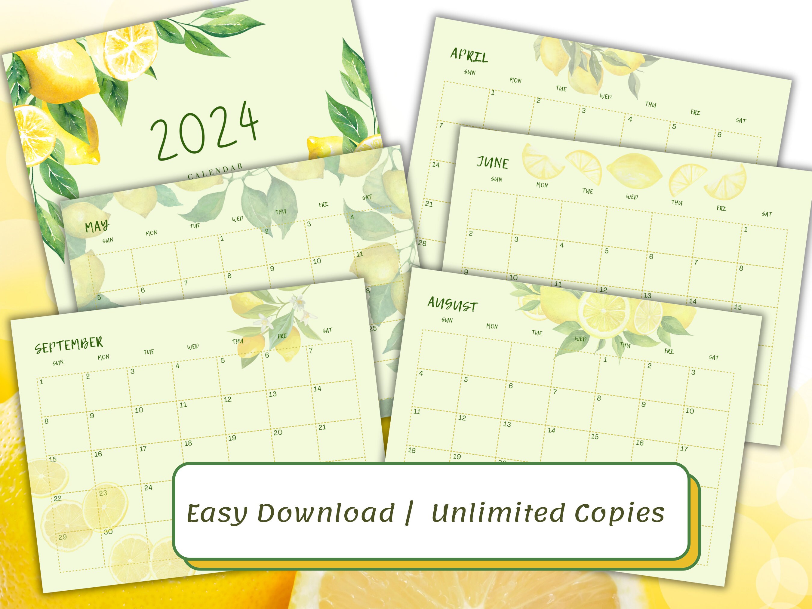2024 Printable Lemon Monthly Dated Calendar Sunday and - Etsy