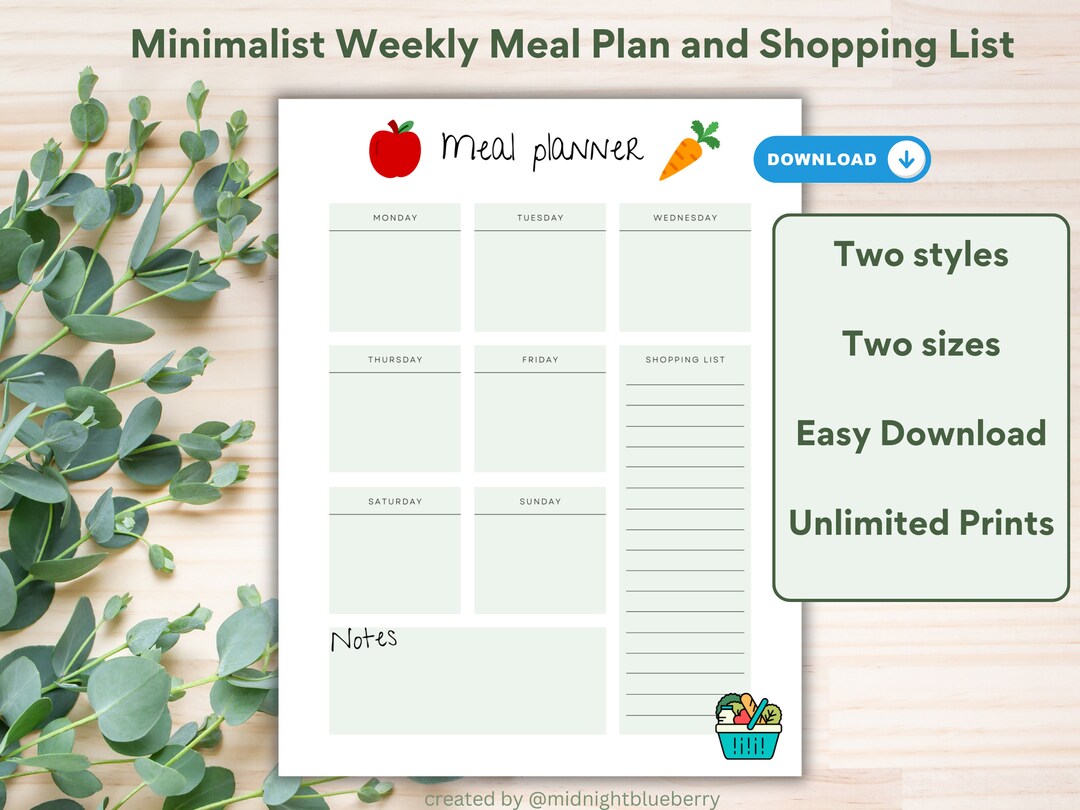 Simple Minimalist Weekly Meal Planner and Shopping List Printable ...