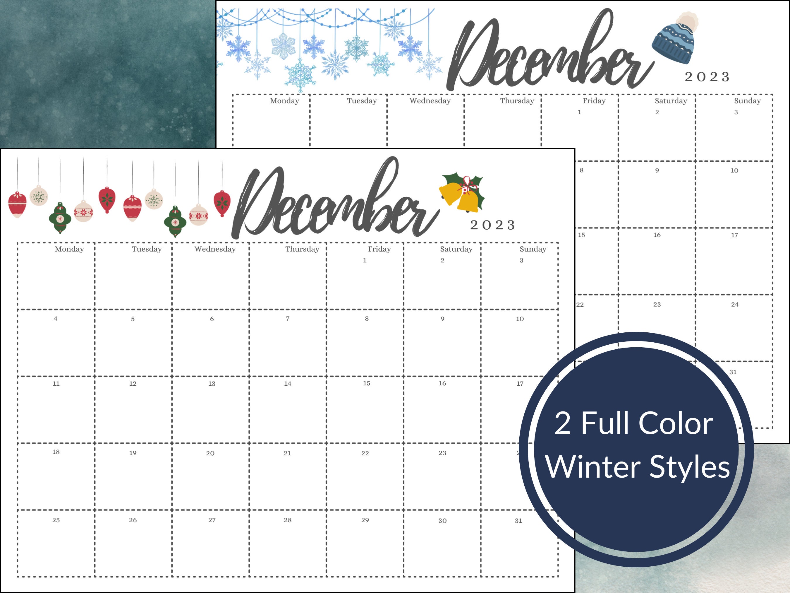 Printable December 2023 Monthly Calendar - Digital PDF - 5 Style ...