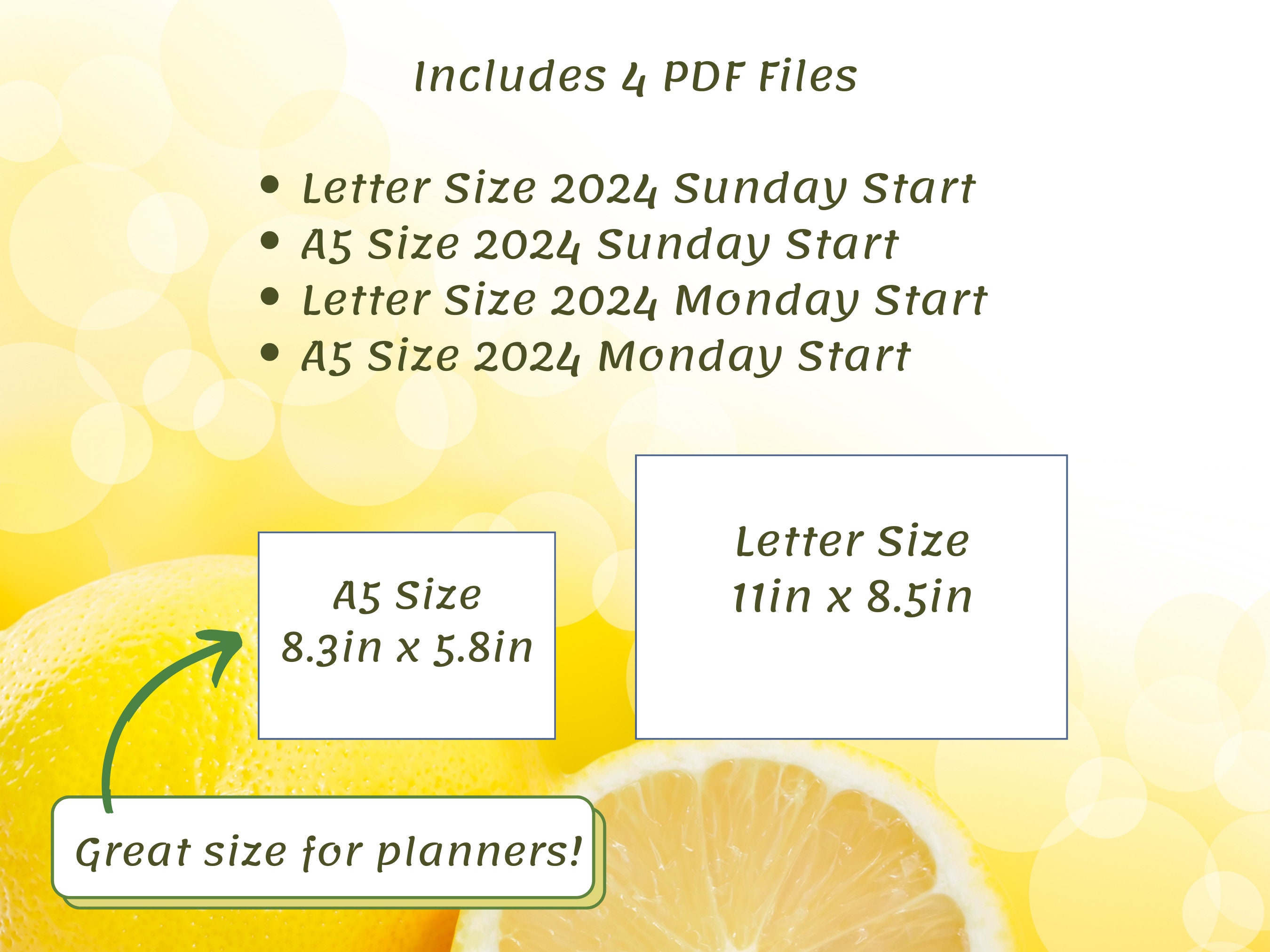 2024 Printable Lemon Monthly Dated Calendar Sunday and - Etsy