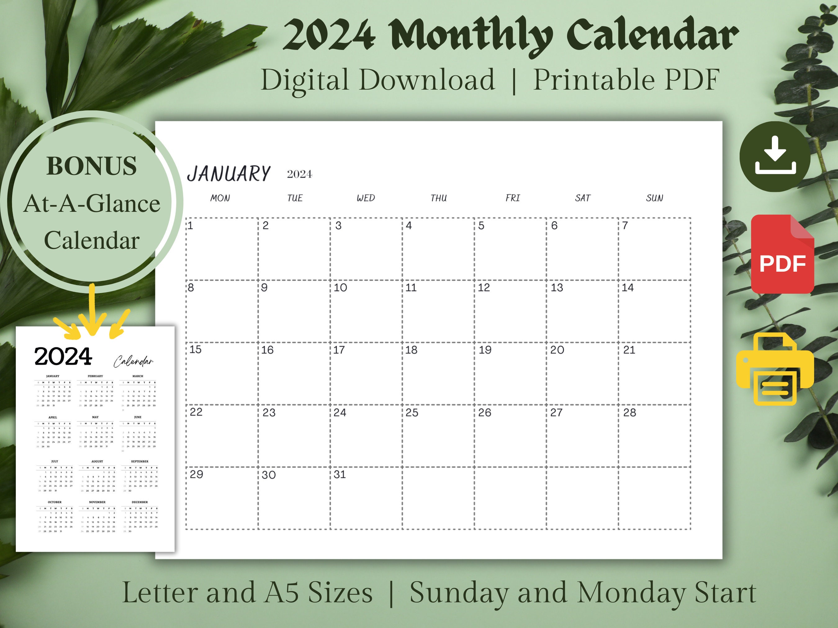 2024 Printable Minimalist Basic Monthly Calendar - Landscape Letter and ...